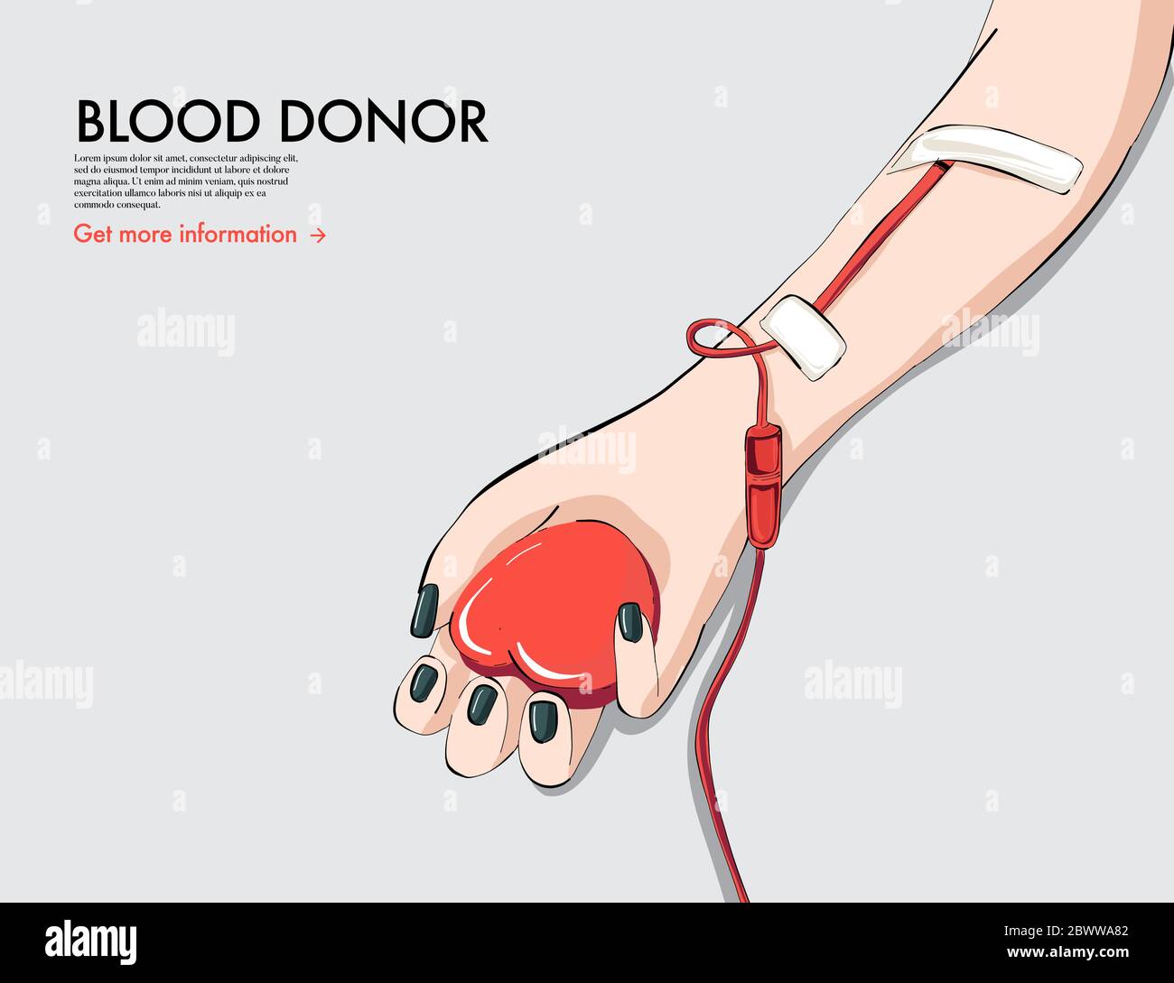 Donor hand with dropper, heart blood donation. World donation day 14 ...