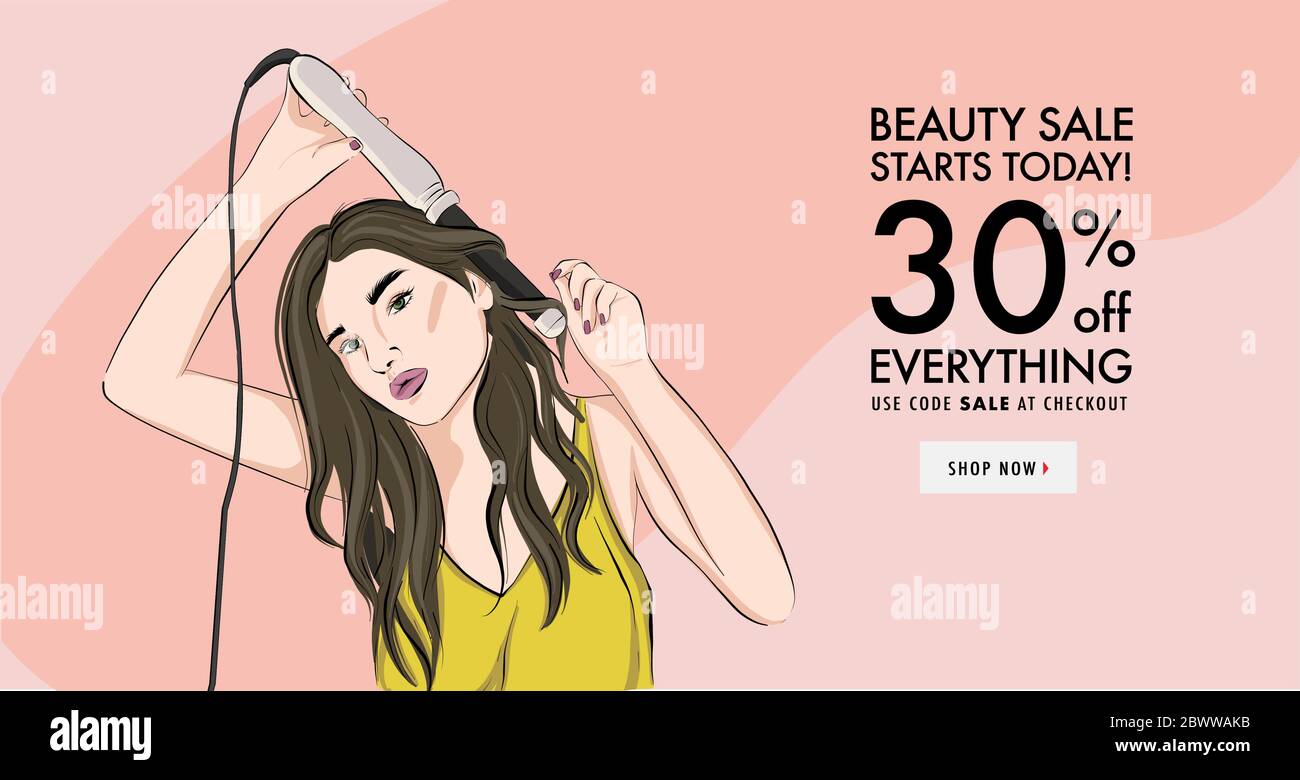 Girl curling hair wih iron fashion illustration. Woman with curler ...