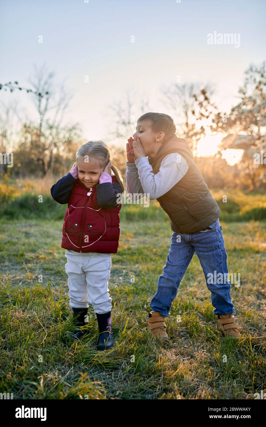 Brother screaming at sister on a meadow at sunset Stock Photo - Alamy