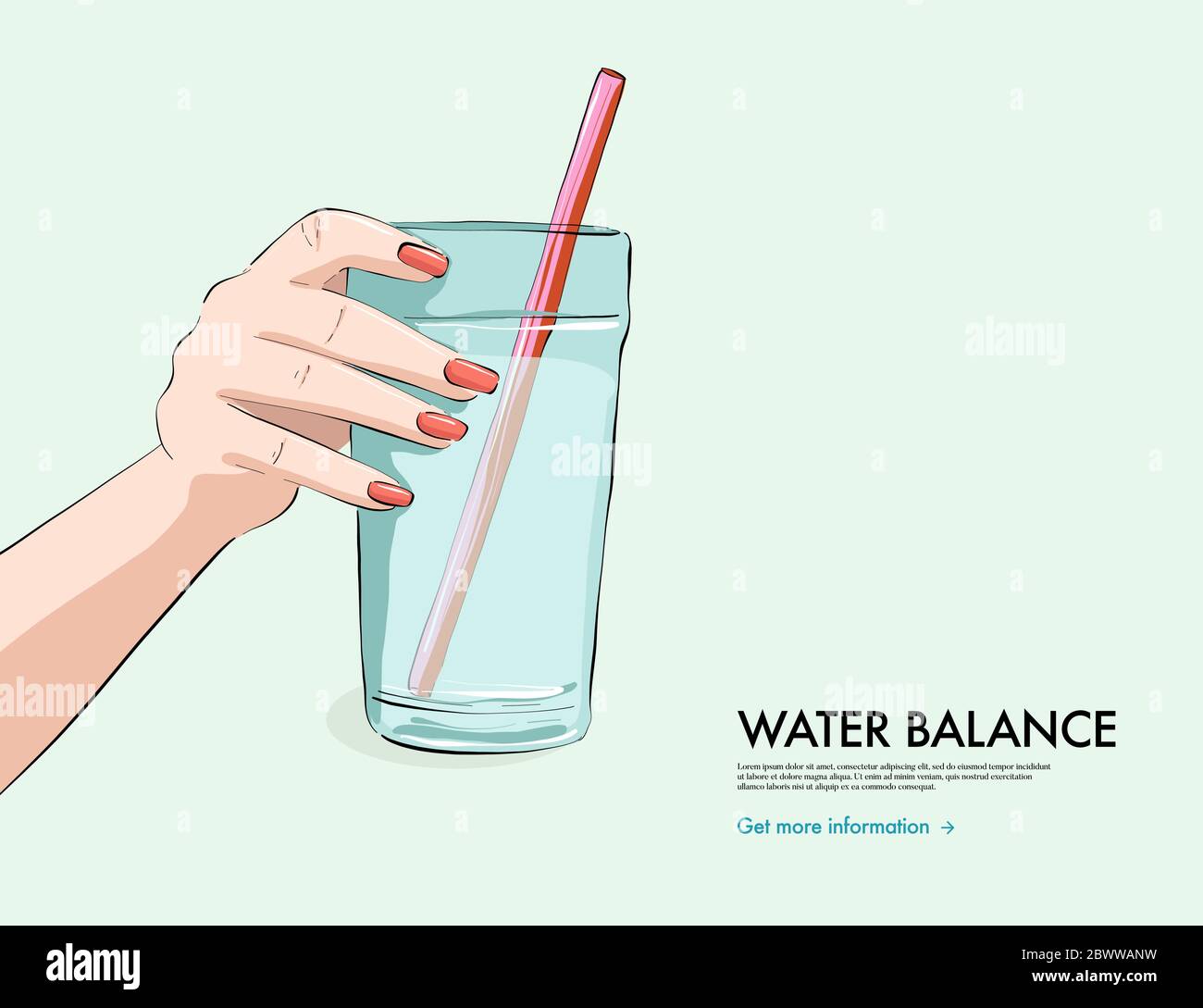 Woman holding glass of water, water hydration illustration, summer ...