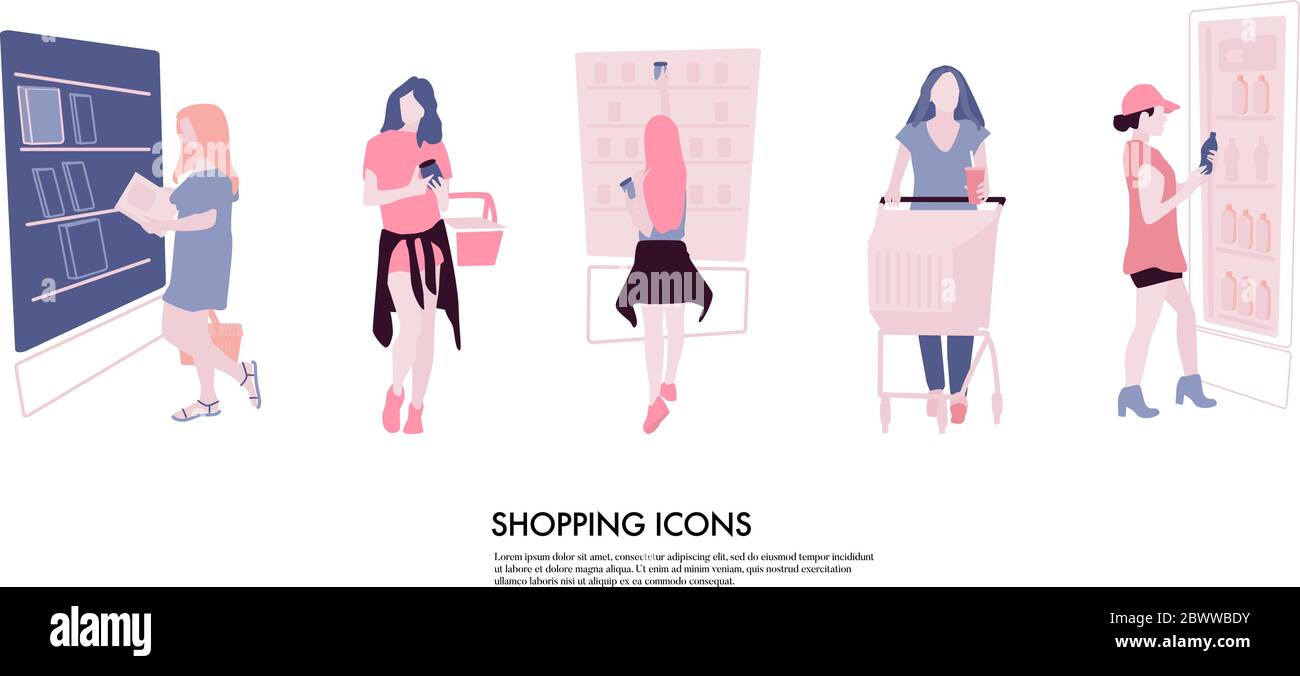 Woman making Shopping cartoon concept. Girl with shopping cart, buying ...