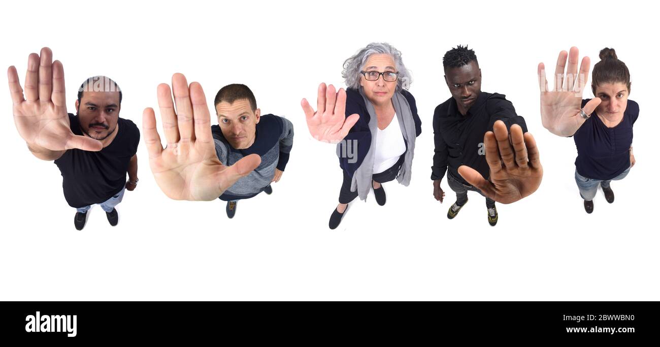 group of people with stop sign white background Stock Photo - Alamy