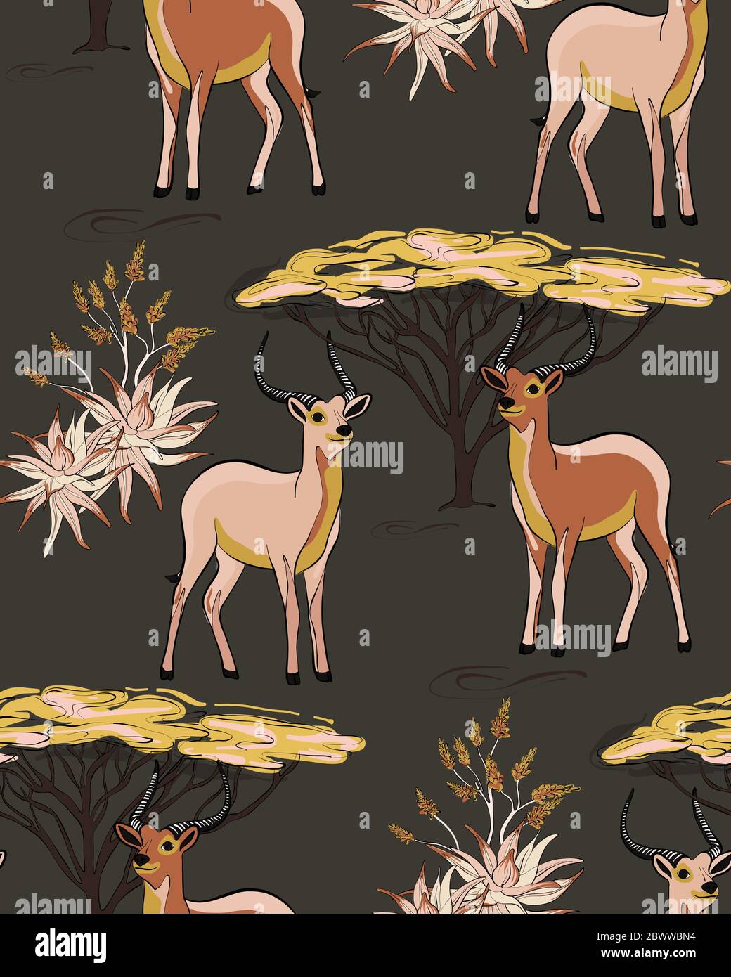 African savanna desert animals, deep, antelope, dry tree, cactus ...