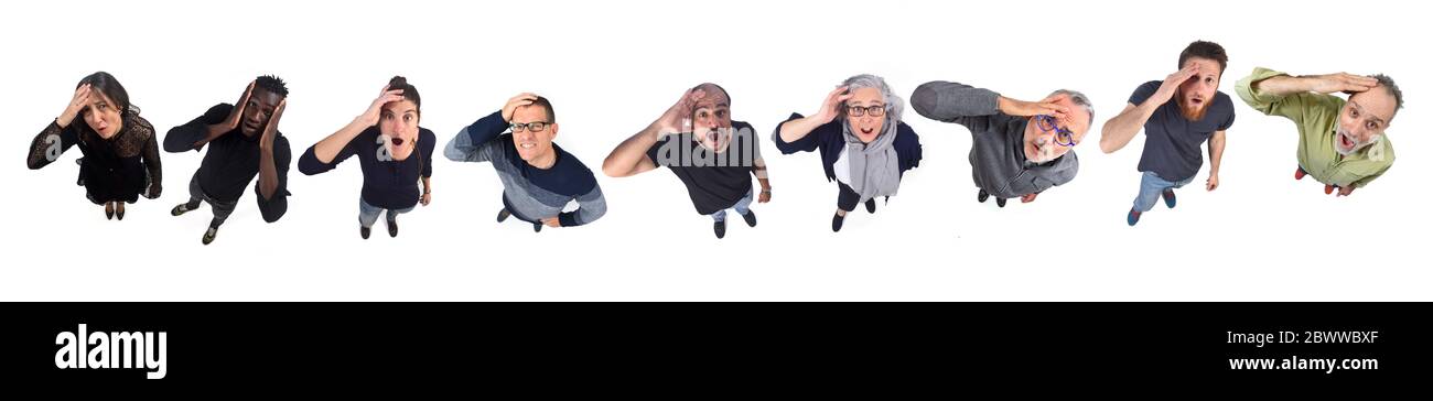 group of people with expression of forgetfulness or surprise on white ...