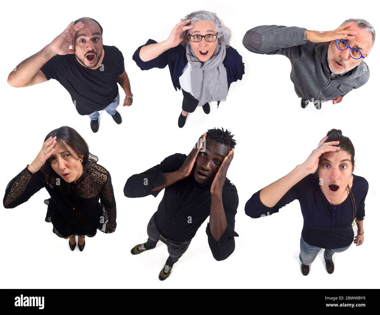 group of people with expression of forgetfulness or surprise on white ...