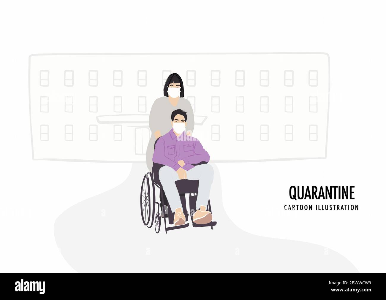 Young men on wheelchair and women in white face mask during quarantine ...