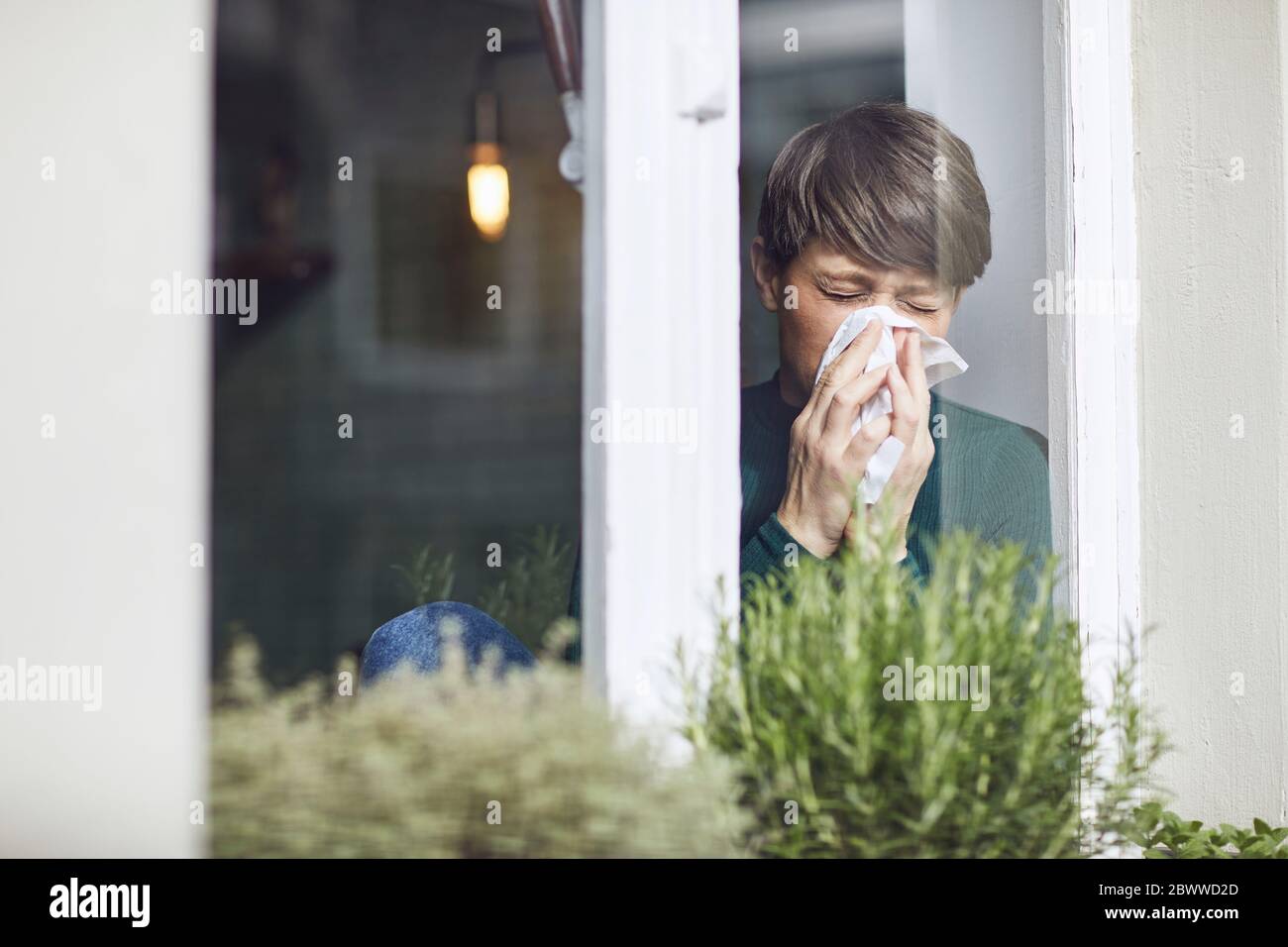 Woman blowing her nose at home at the window Stock Photo - Alamy