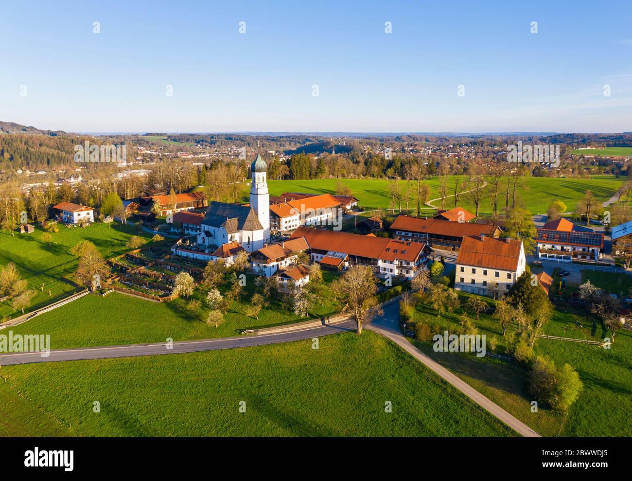 Germany, Bavaria, Gaissach, Drone view of countryside village in spring ...