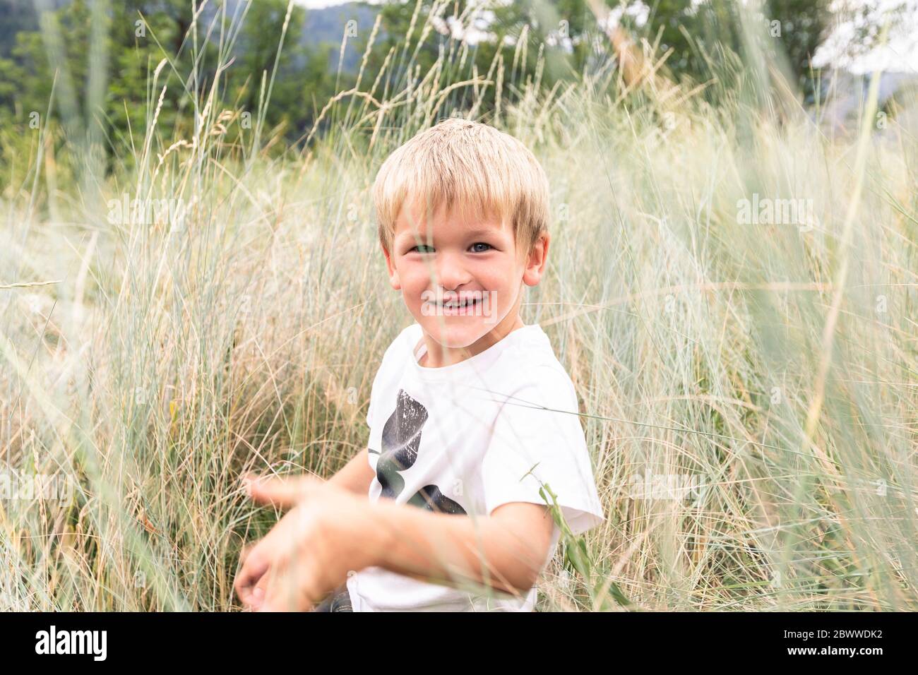 Portrait of blond little boy at tall grass Stock Photo - Alamy
