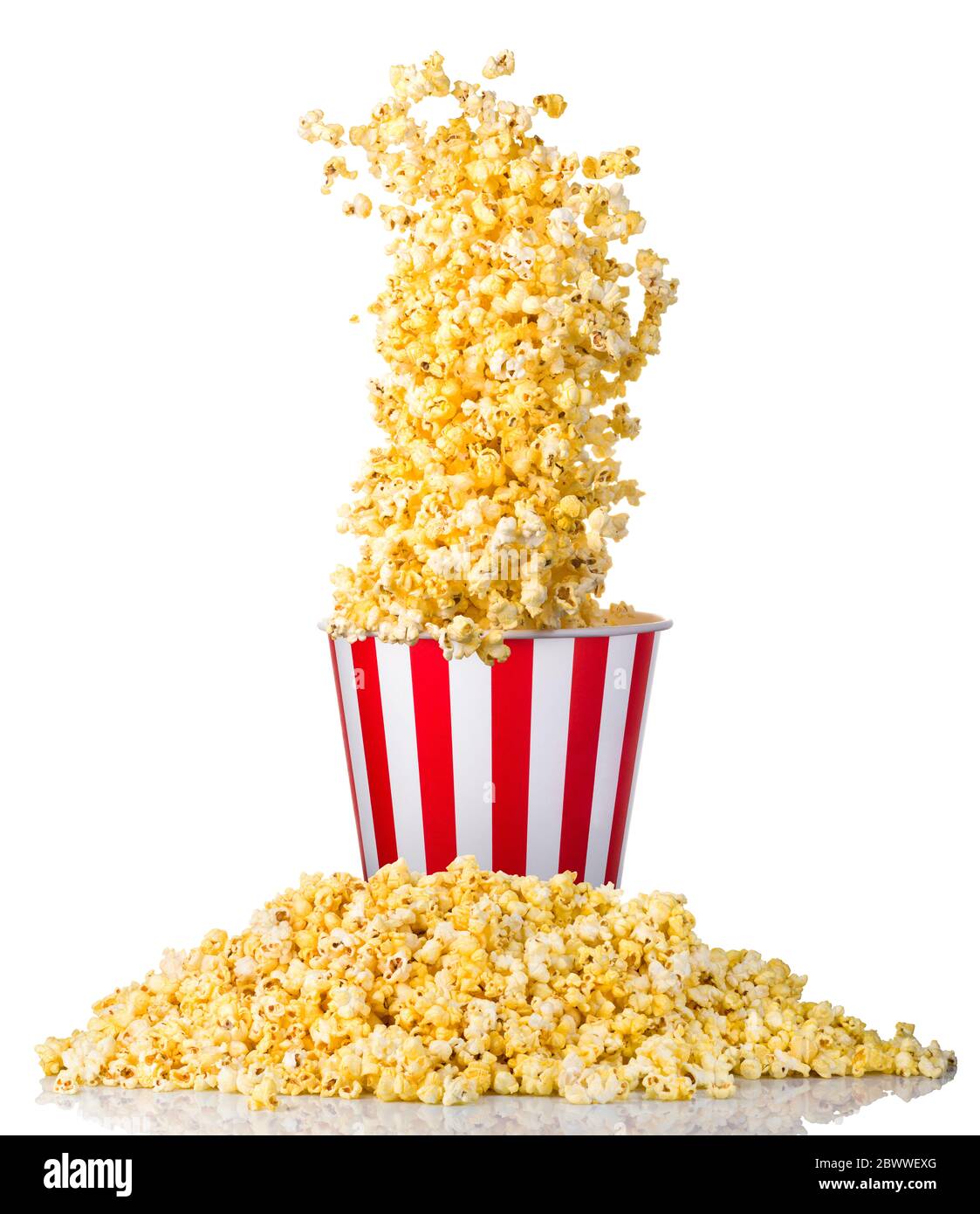 Flying popcorn from paper striped bucket and scattered popcorn isolated ...
