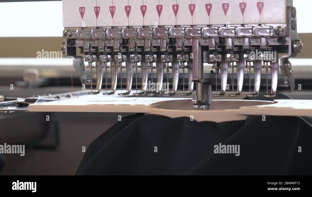 Industrial garment factory, an automatic sewing machine sews various ...