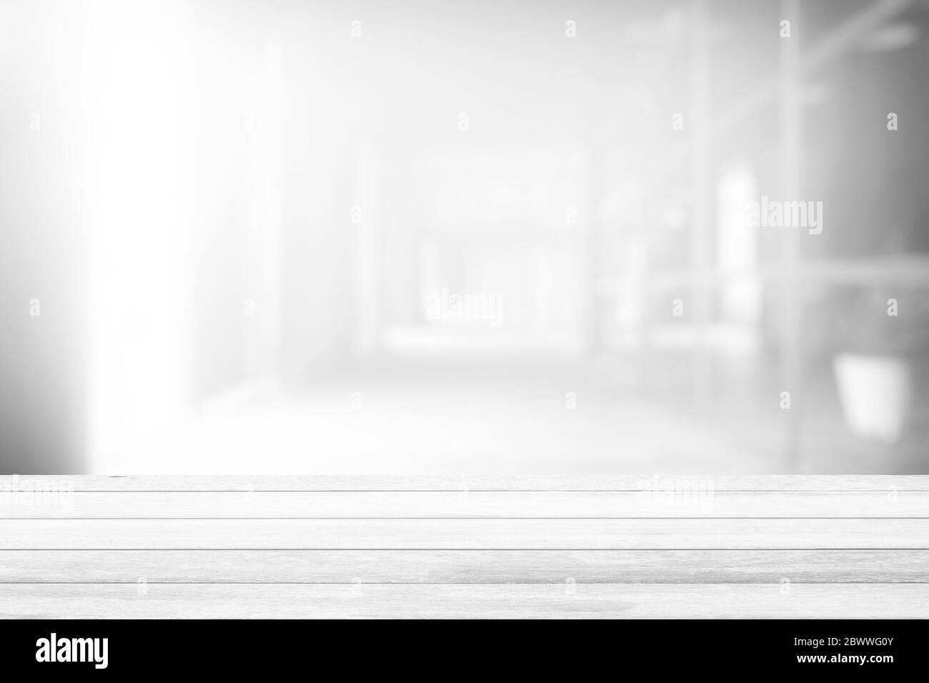 White Wood Table with White Blurred Interior Shop Background, Suitable ...