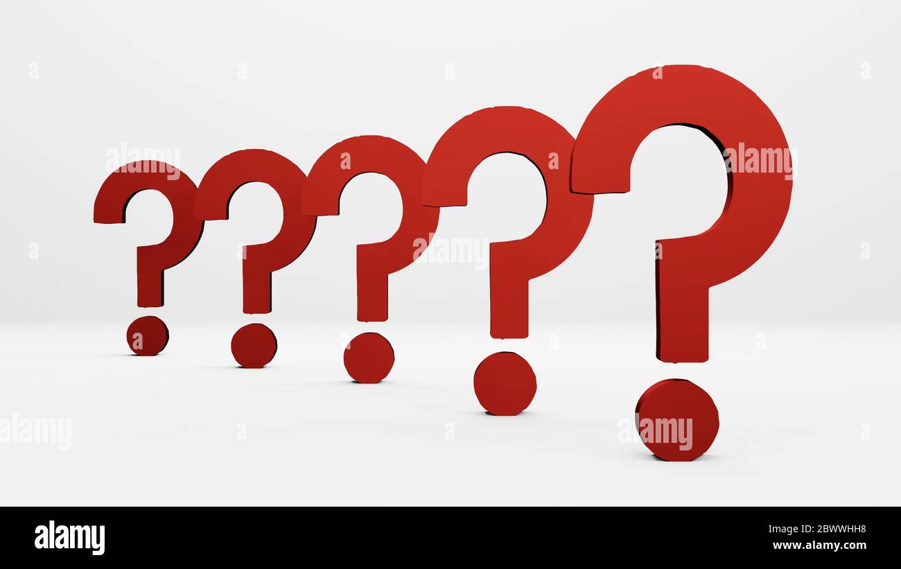 Five question marks in red in line and order on white background, 3d ...
