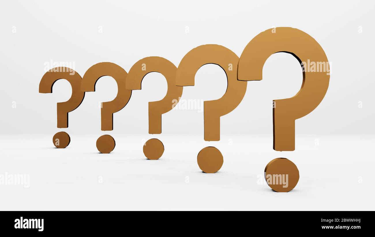 Five question marks in gold, golden, in line and order on white background, 3d rendering ...