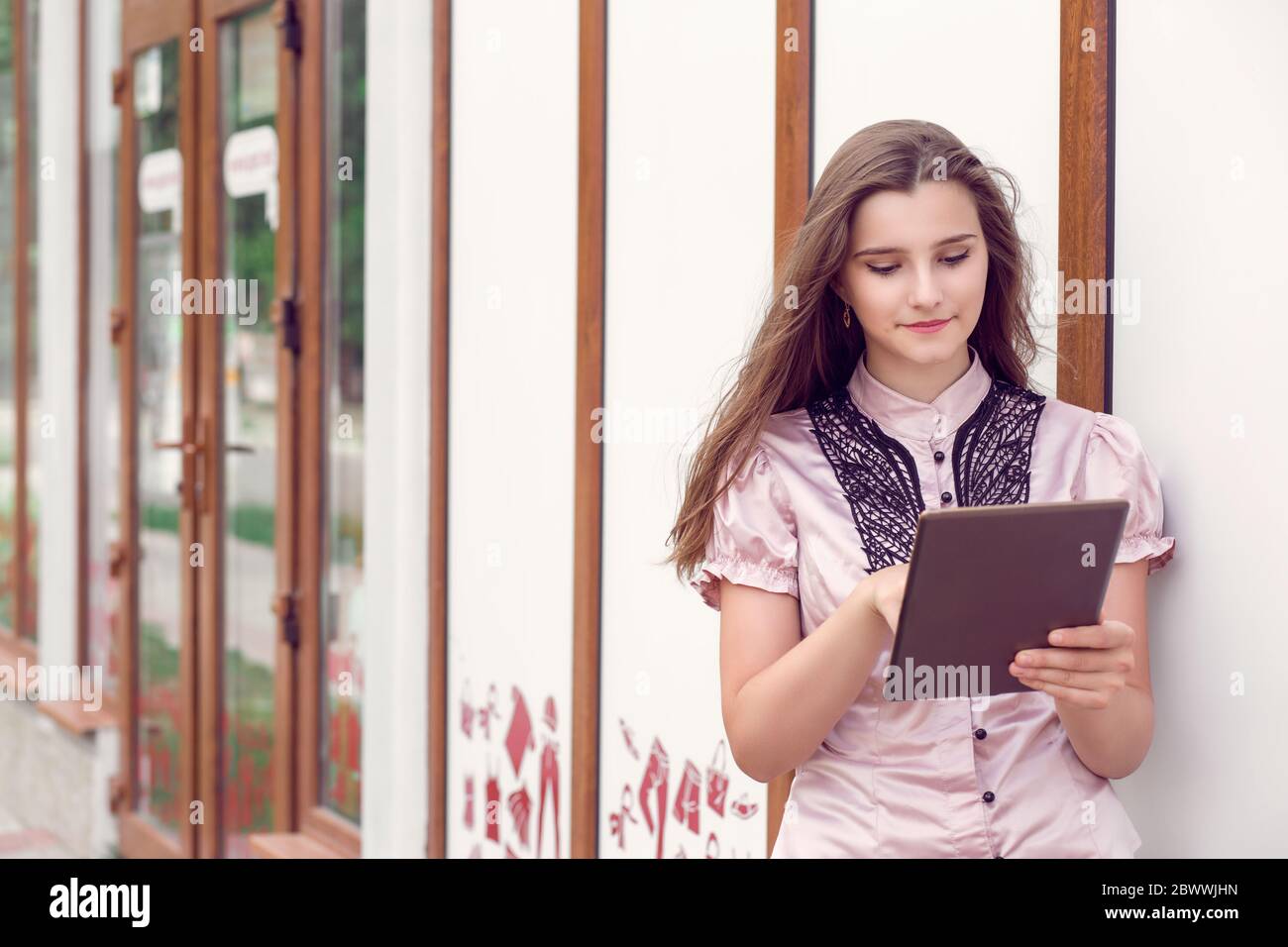 Shopping online. Half body portrait attractive happy formal wear woman ...