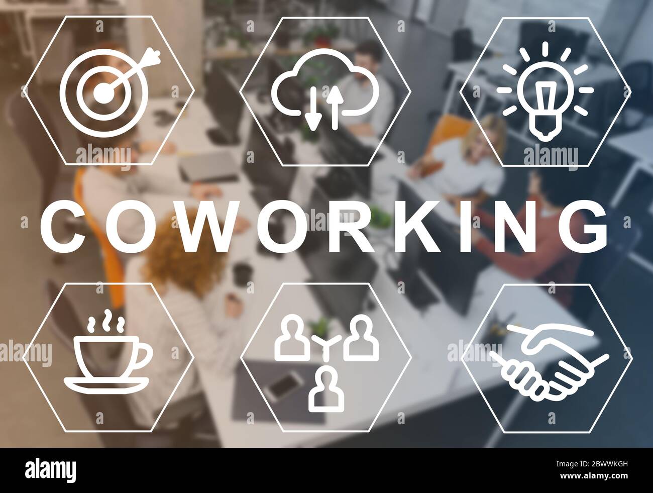 Coworking concept. Collage with icons and diverse people discussing ...