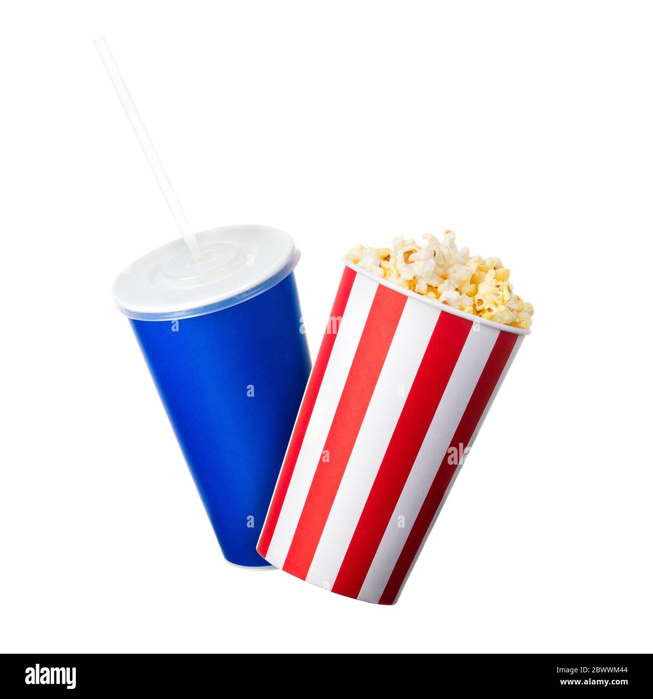 Paper striped bucket with popcorn and cup of soft drink isolated on ...