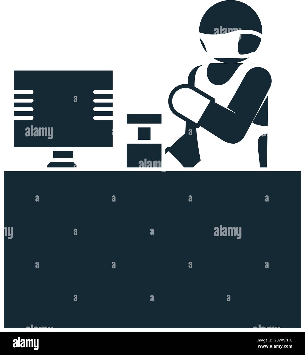pictogram man using a protective mask and working at desk over white ...