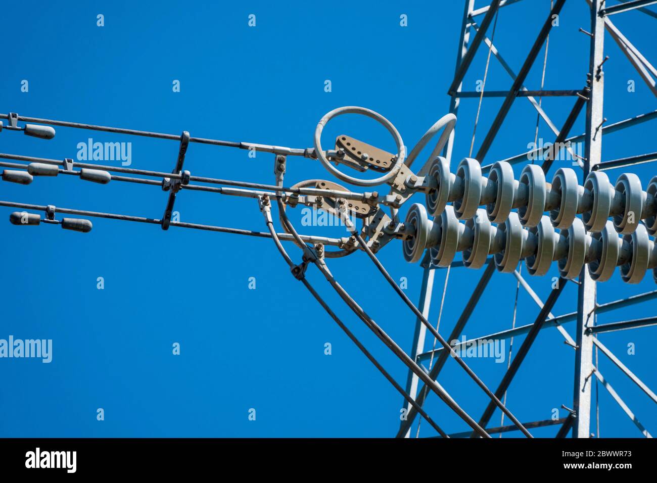 Close up details of sections of a high voltage electricity pylon ...