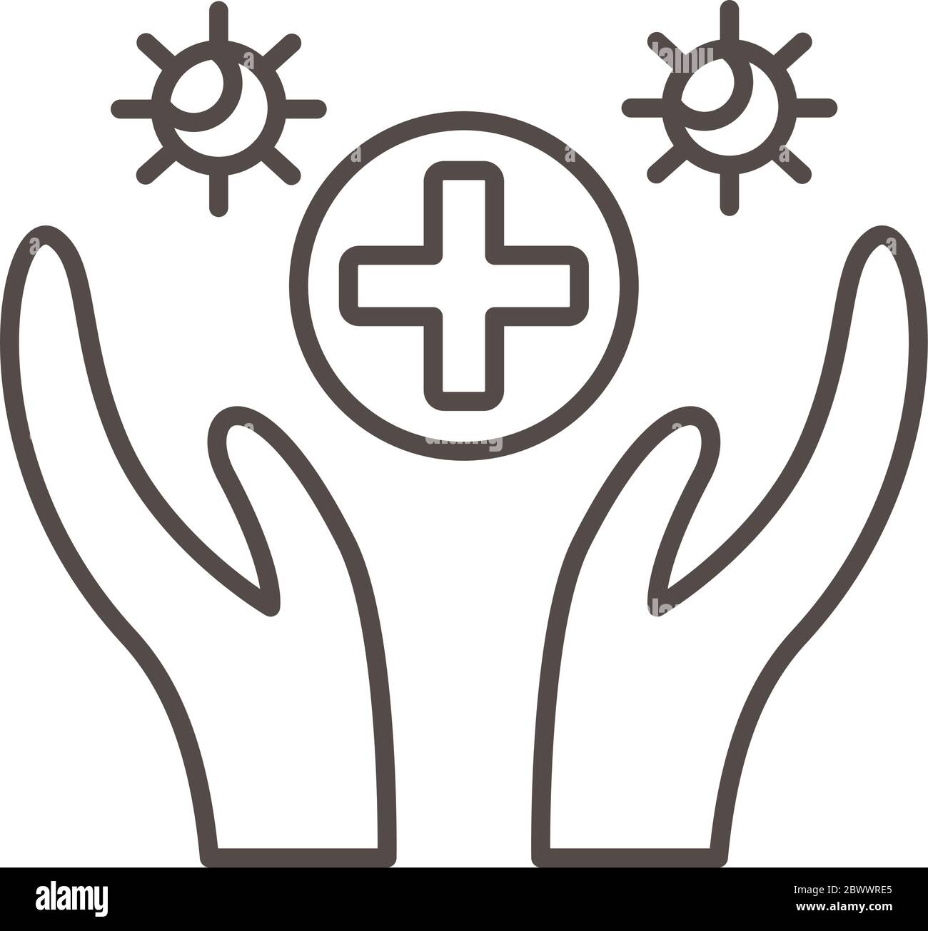 rubber gloves with medical cross and covid19 particles line style icon ...