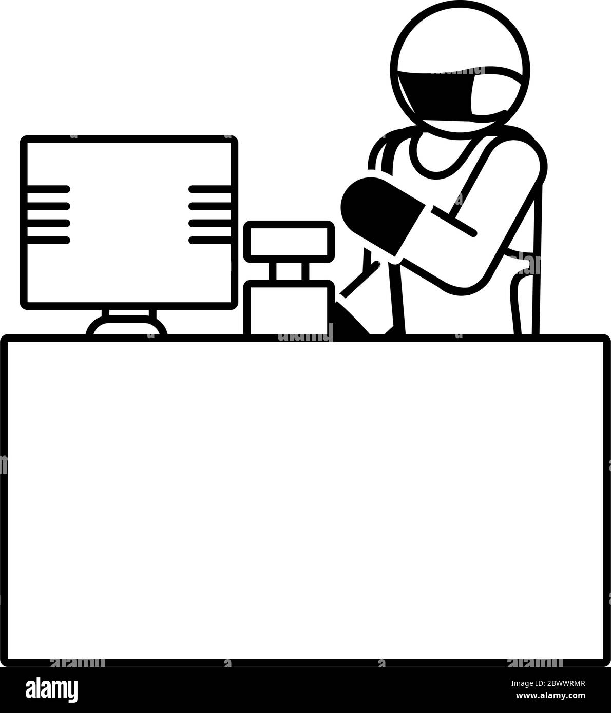 pictogram man using a protective mask and working at desk over white ...