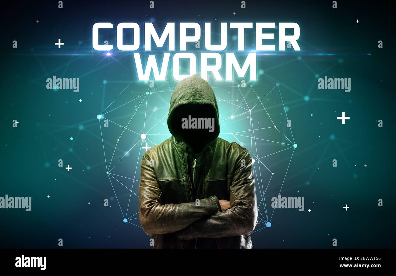 Mysterious hacker with COMPUTER WORM inscription, online attack concept ...