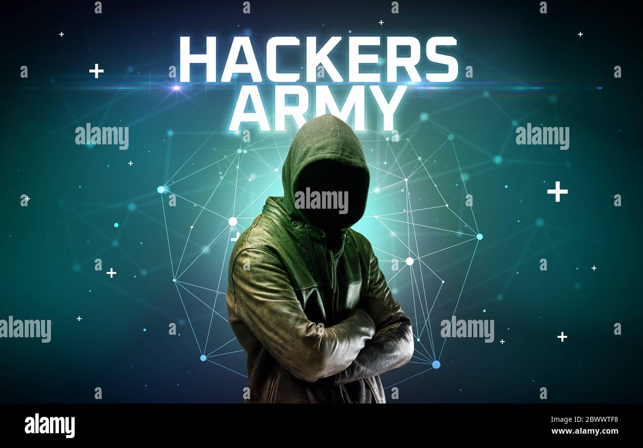 Mysterious hacker with HACKERS ARMY inscription, online attack concept ...