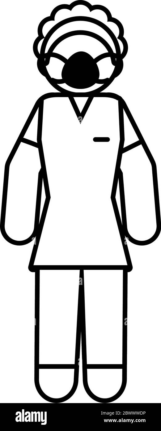 pictogram maid woman wearing mouth mask over white background, line ...