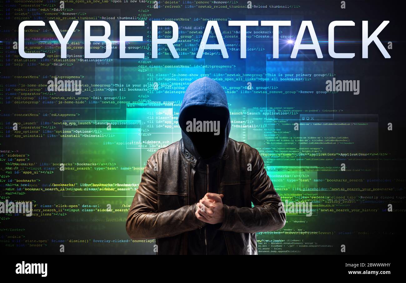 Faceless hacker with CYBER ATTACK inscription on a binary code ...