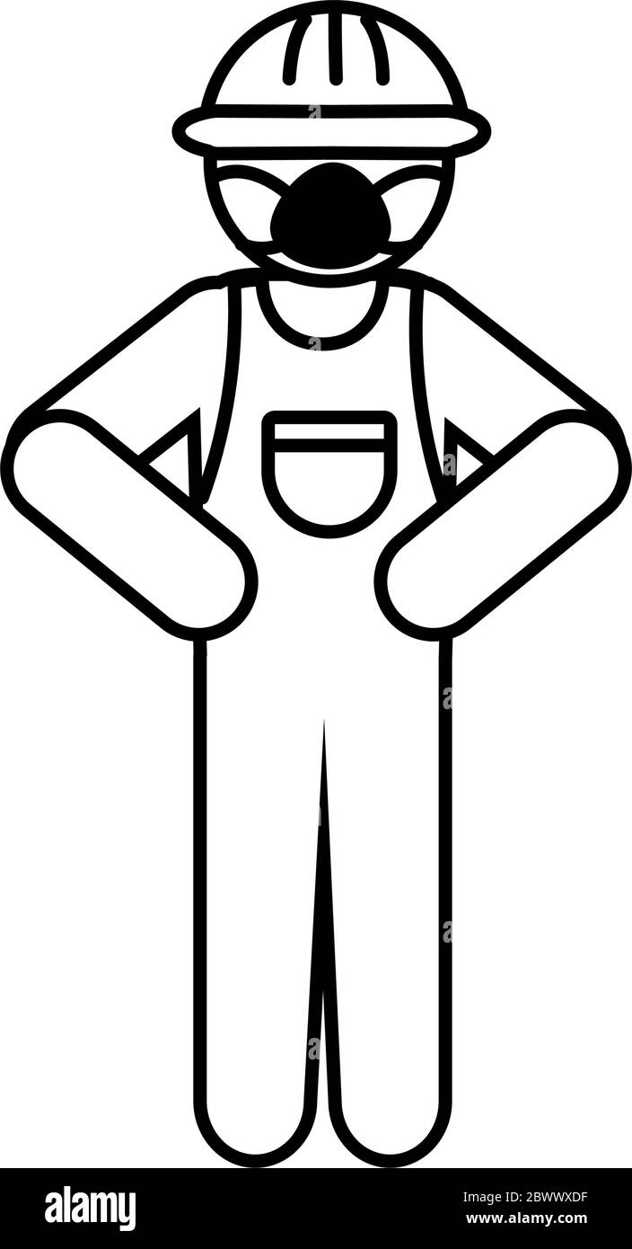 pictogram construction worker with safety helmet and protective mask ...