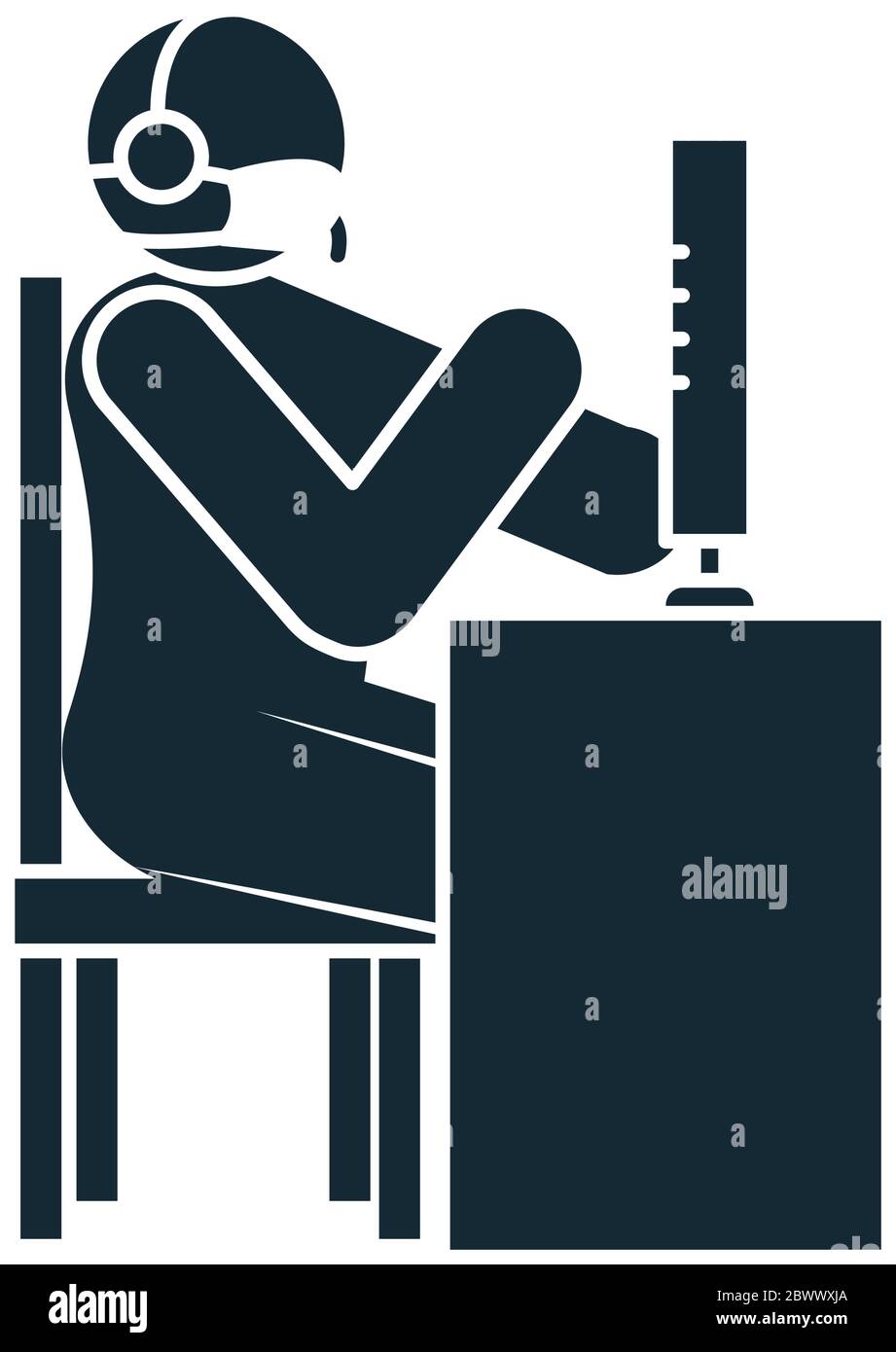 Pictogram man working at desk using a protective mask over white ...