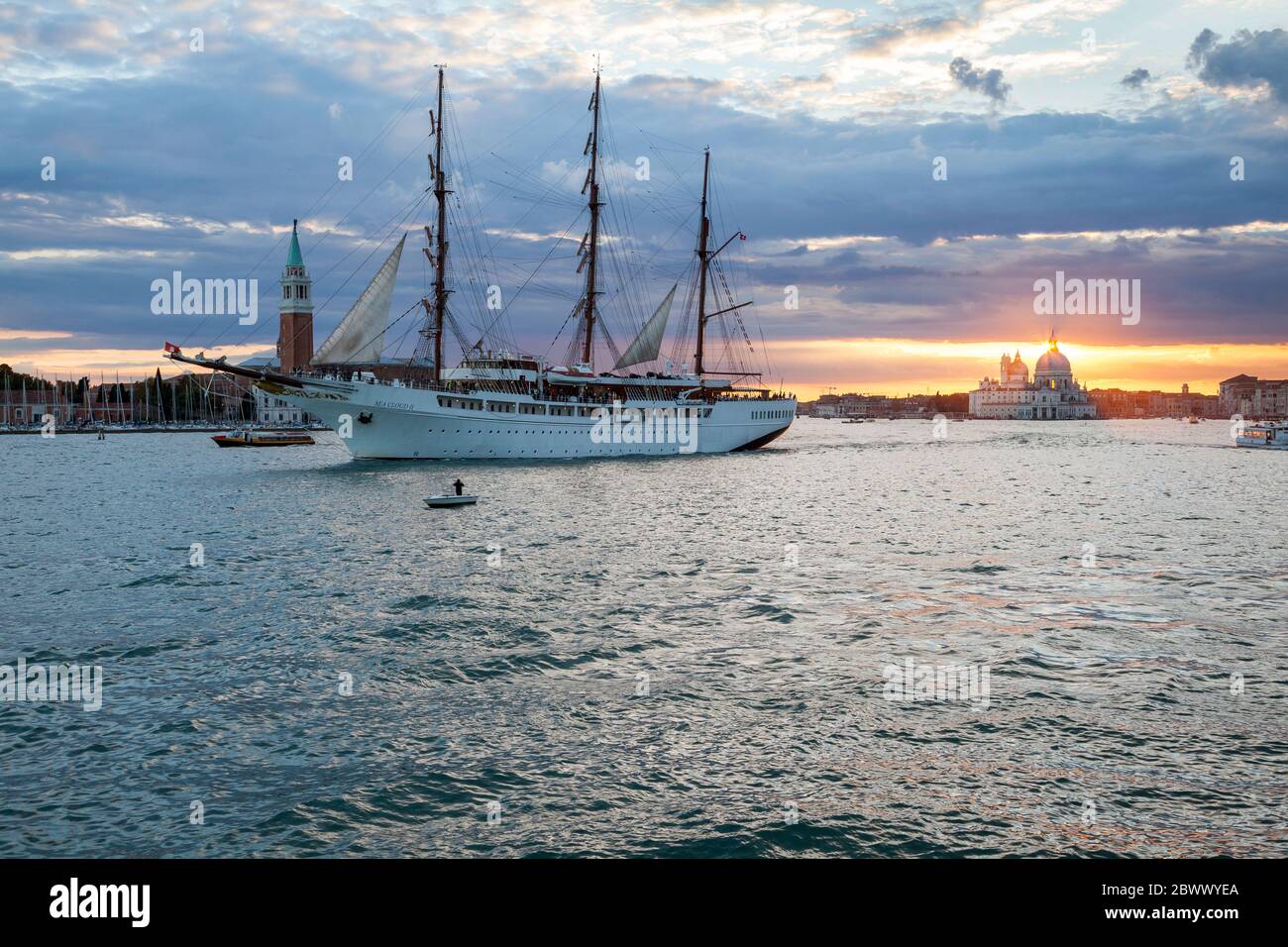 Three masted sailing ship, MV Sea Cloud ll, leaving Venice, Italy ...