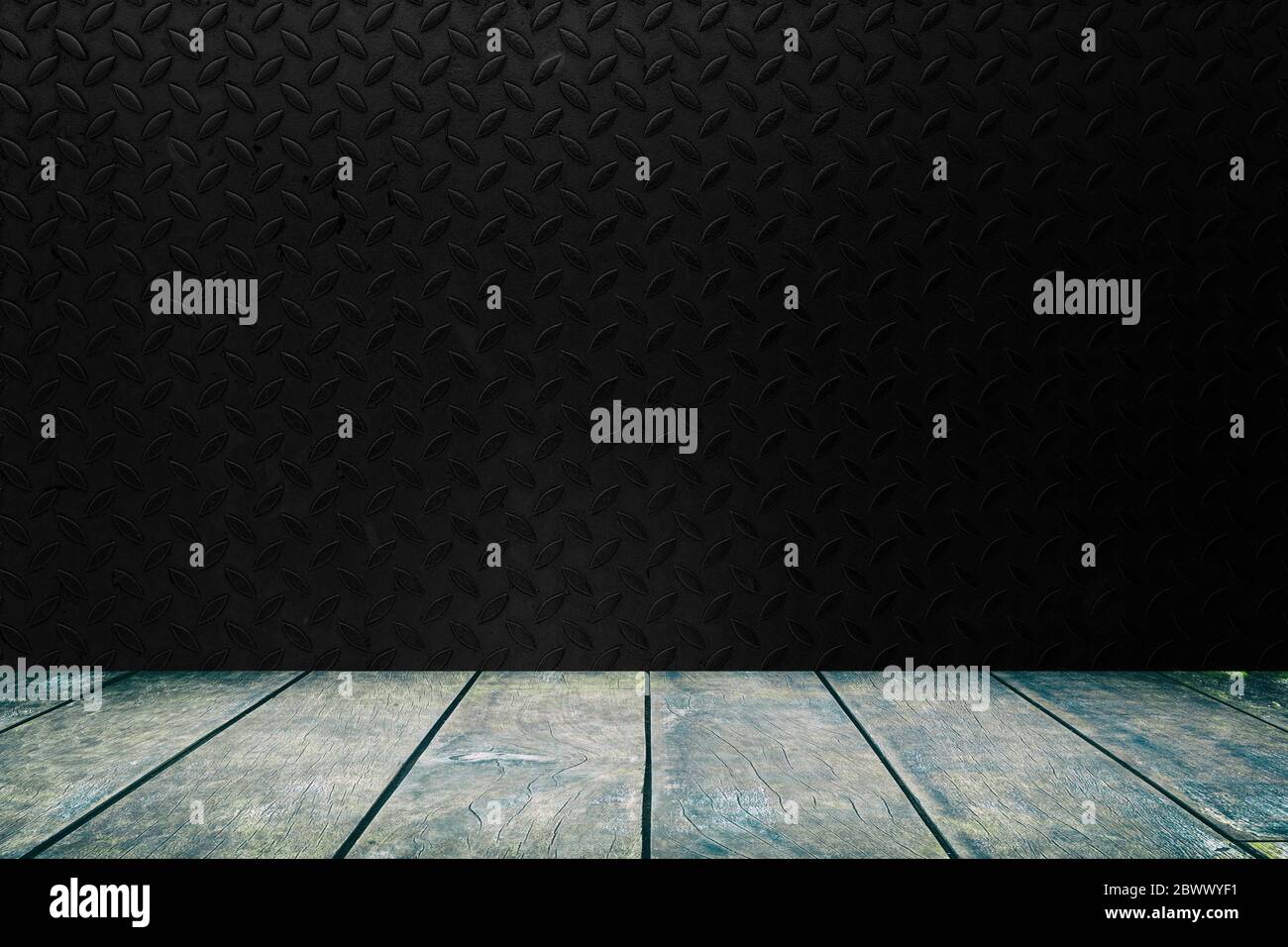 Wood Table with Black Diamond Plate Texture Background, Suitable for ...