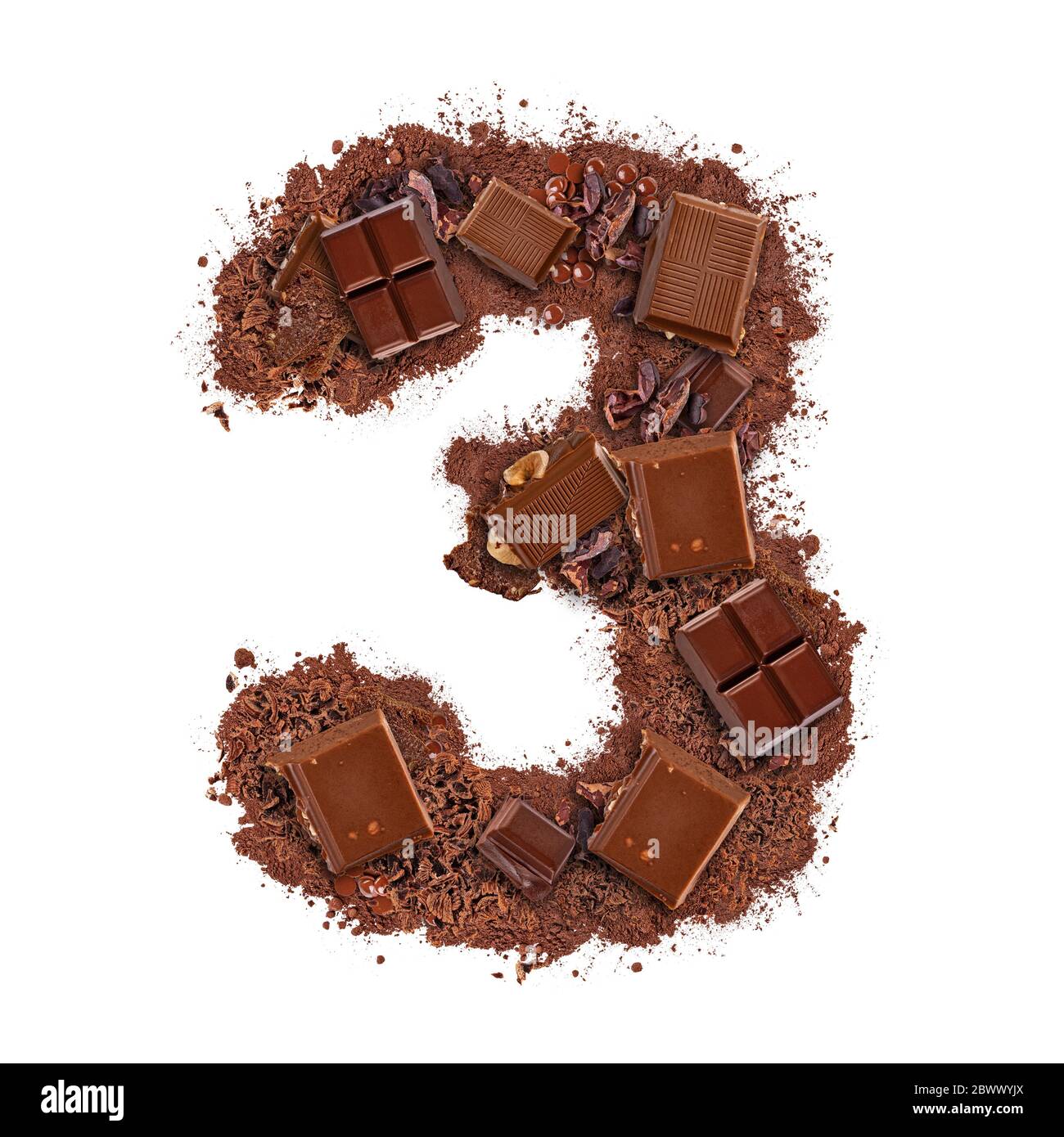 Number 3 made of chocolate bar pieces isolated on white background ...