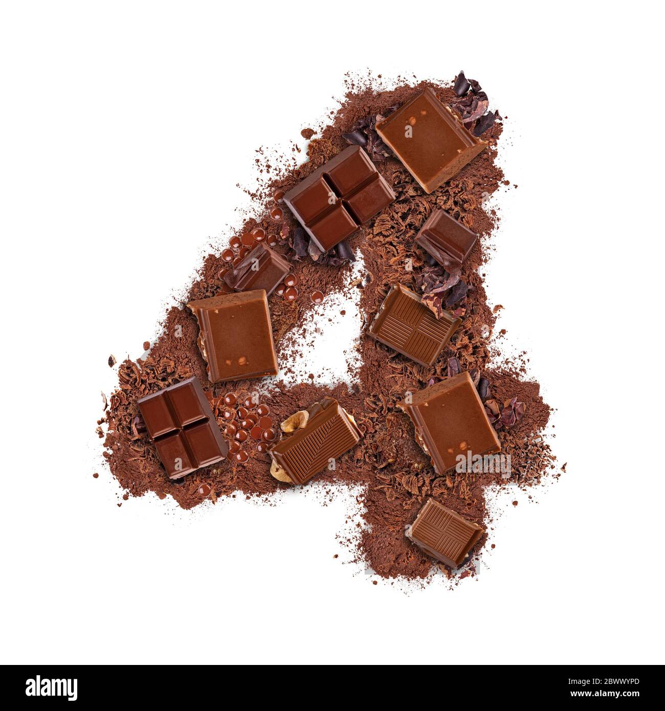 Number 4 made of chocolate bar pieces isolated on white background ...