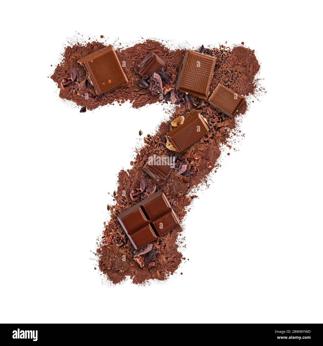 Number 7 made of chocolate bar pieces isolated on white background ...