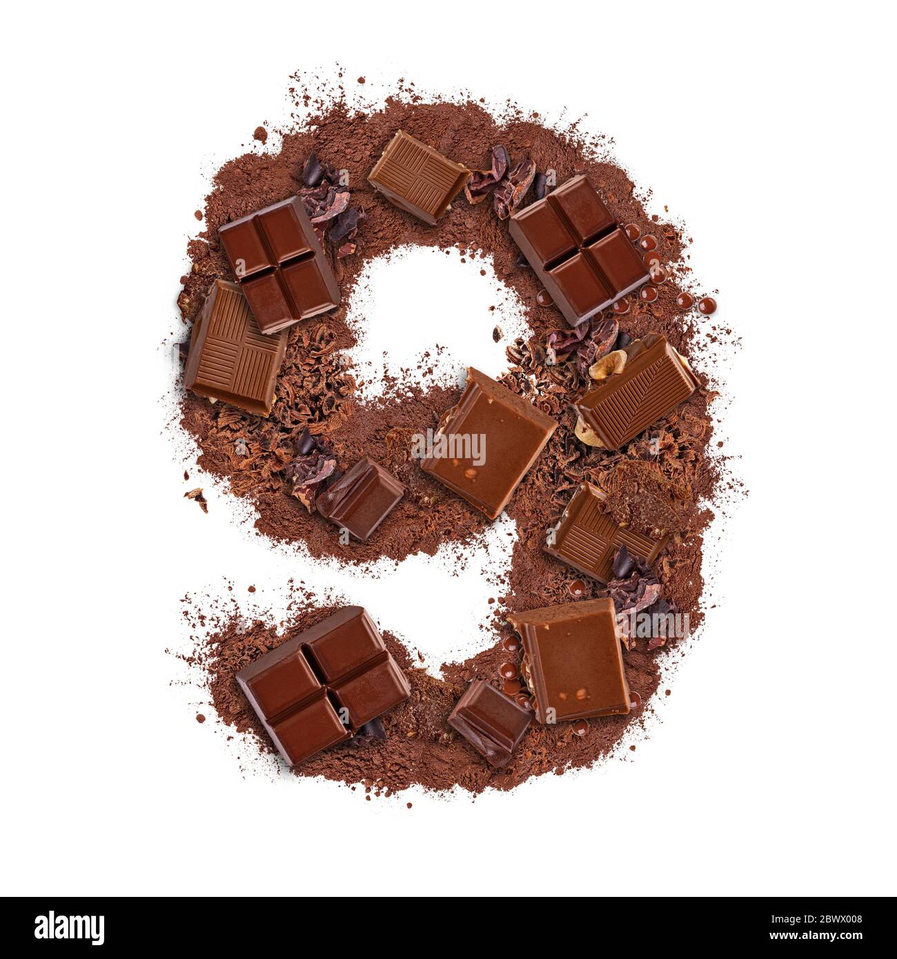 Number 9 made of chocolate bar pieces isolated on white background ...