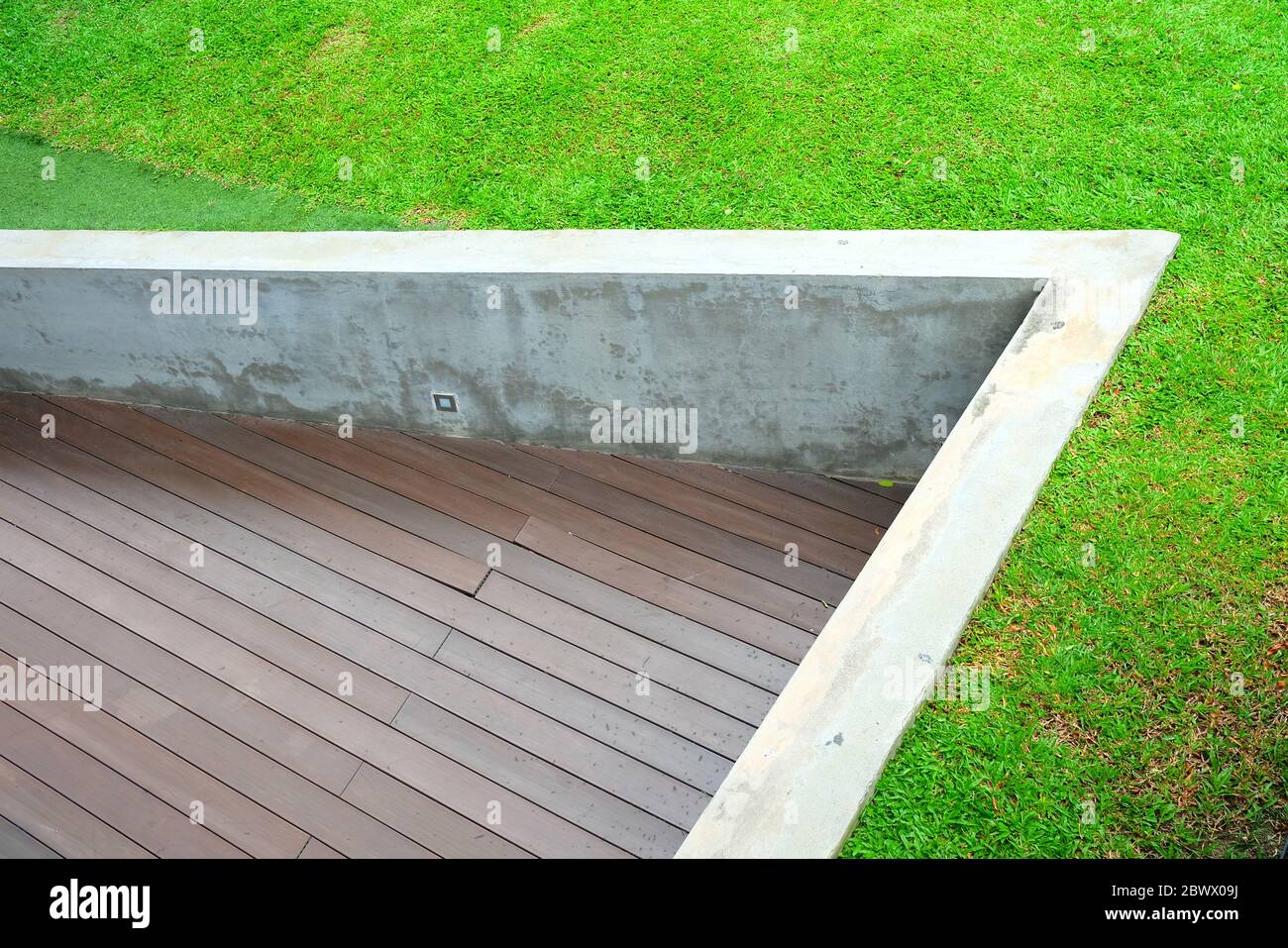 Top View of Wooden Verandah with Green Grass Field Background Stock ...