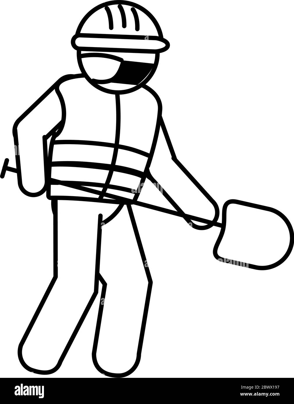 pictogram contruction worker with security helmet and mask holding a ...