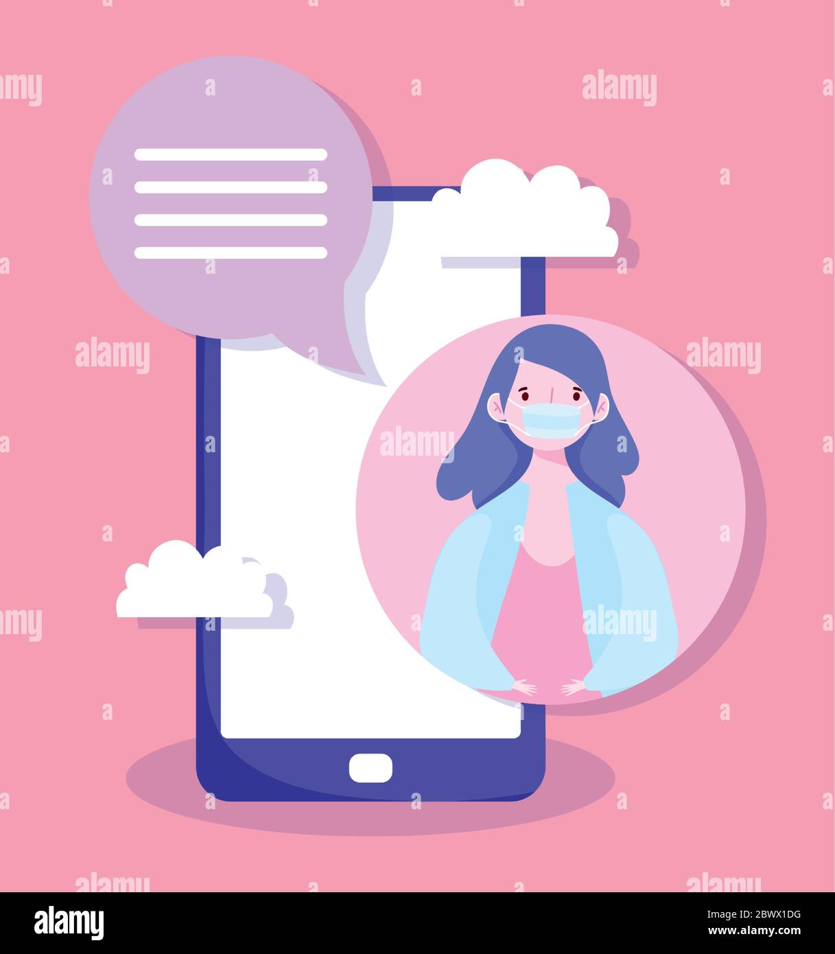 woman with medical mask speech bubble smartphone, prevention ...