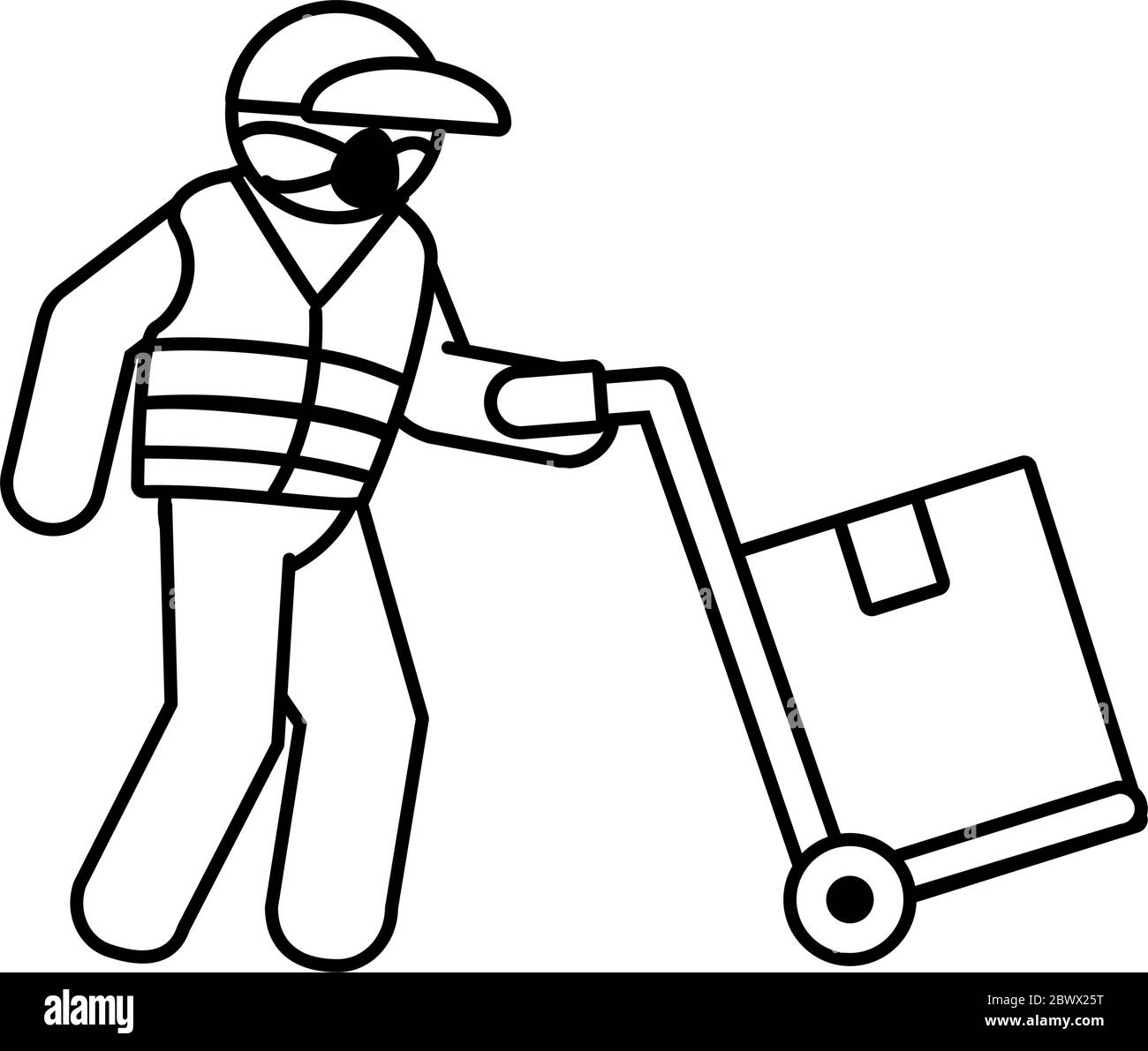 pictogram delivery man with mouth mask and handcart with a box over ...