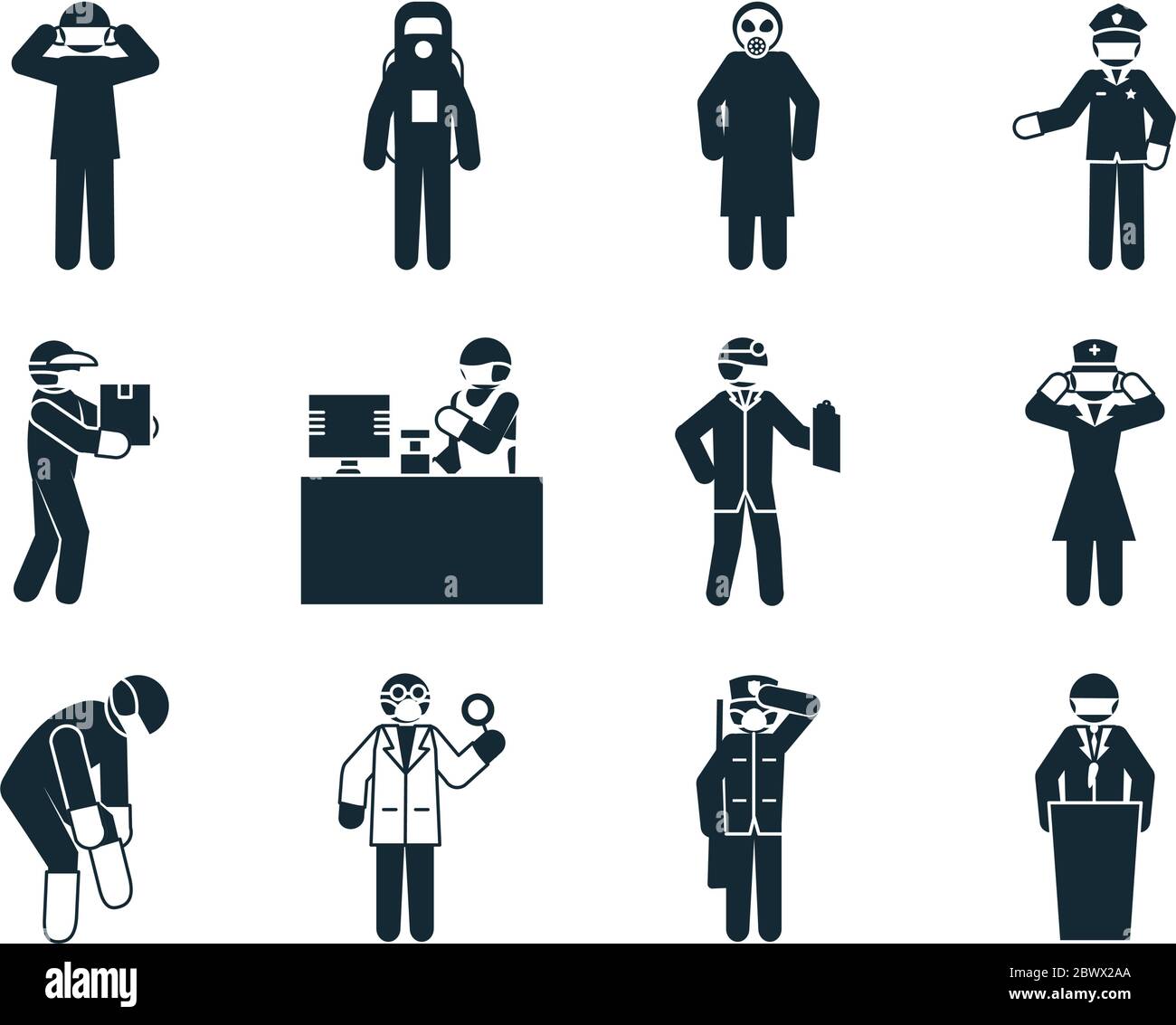 pictogram doctor and essential workers icon set over white background ...