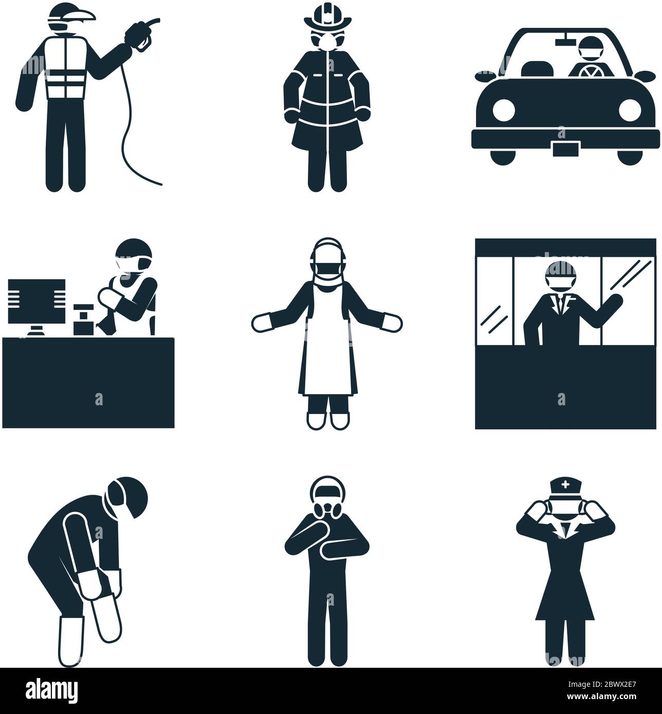 nurse and essential workers icon set over white background, silhouette ...