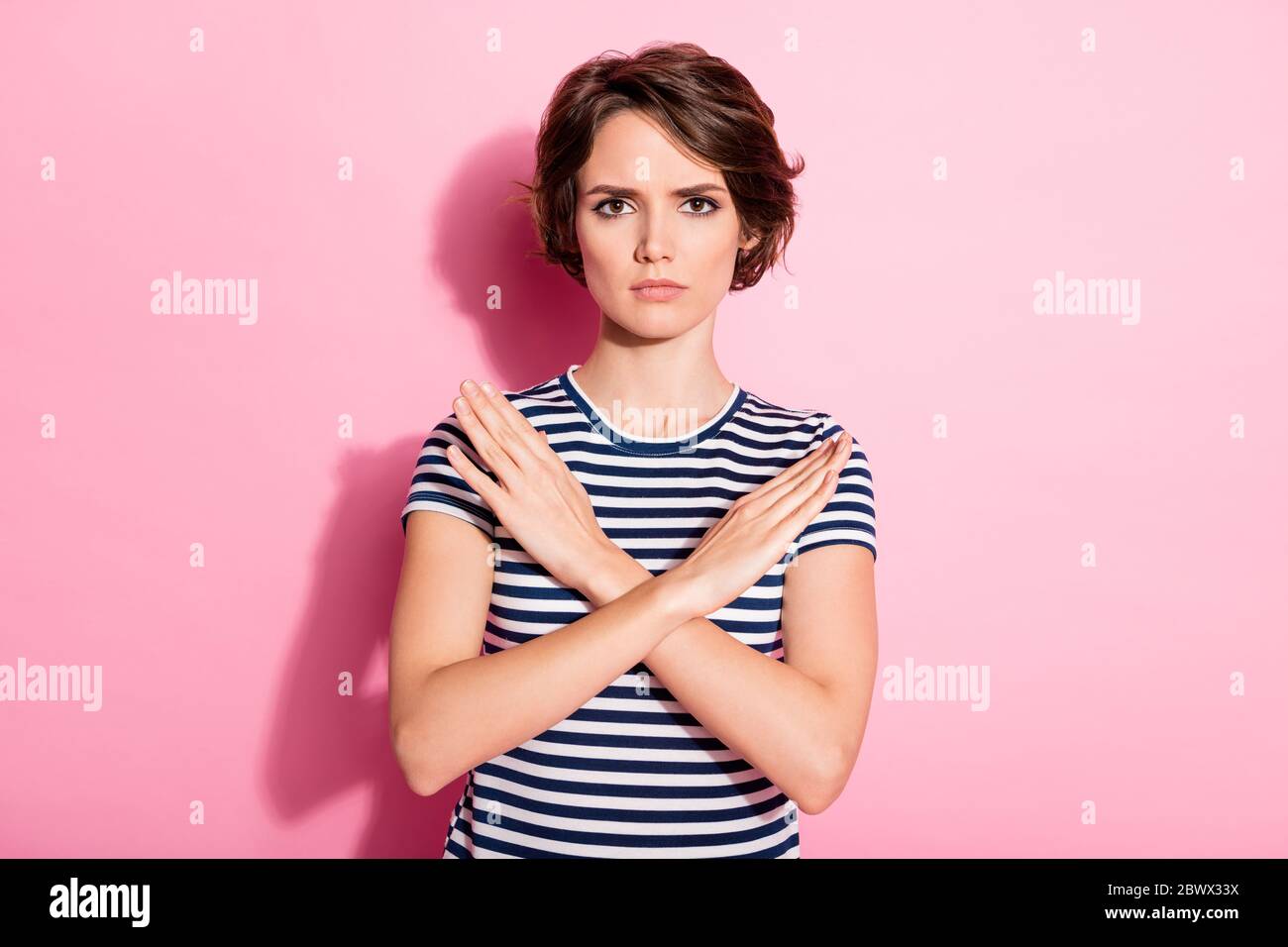Stop dont move, Portrait of serious strict sullen girl cross hands sign ... Stop dont move, Portrait of serious strict sullen girl cross hands sign ...