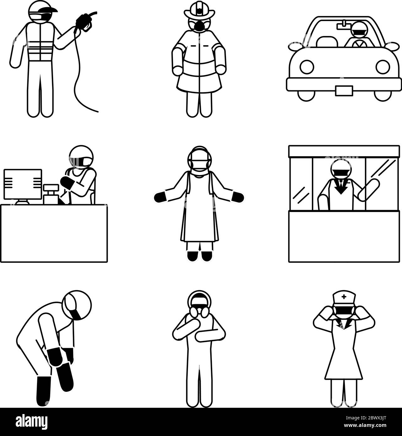 nurse and essential workers icon set over white background, line style ...