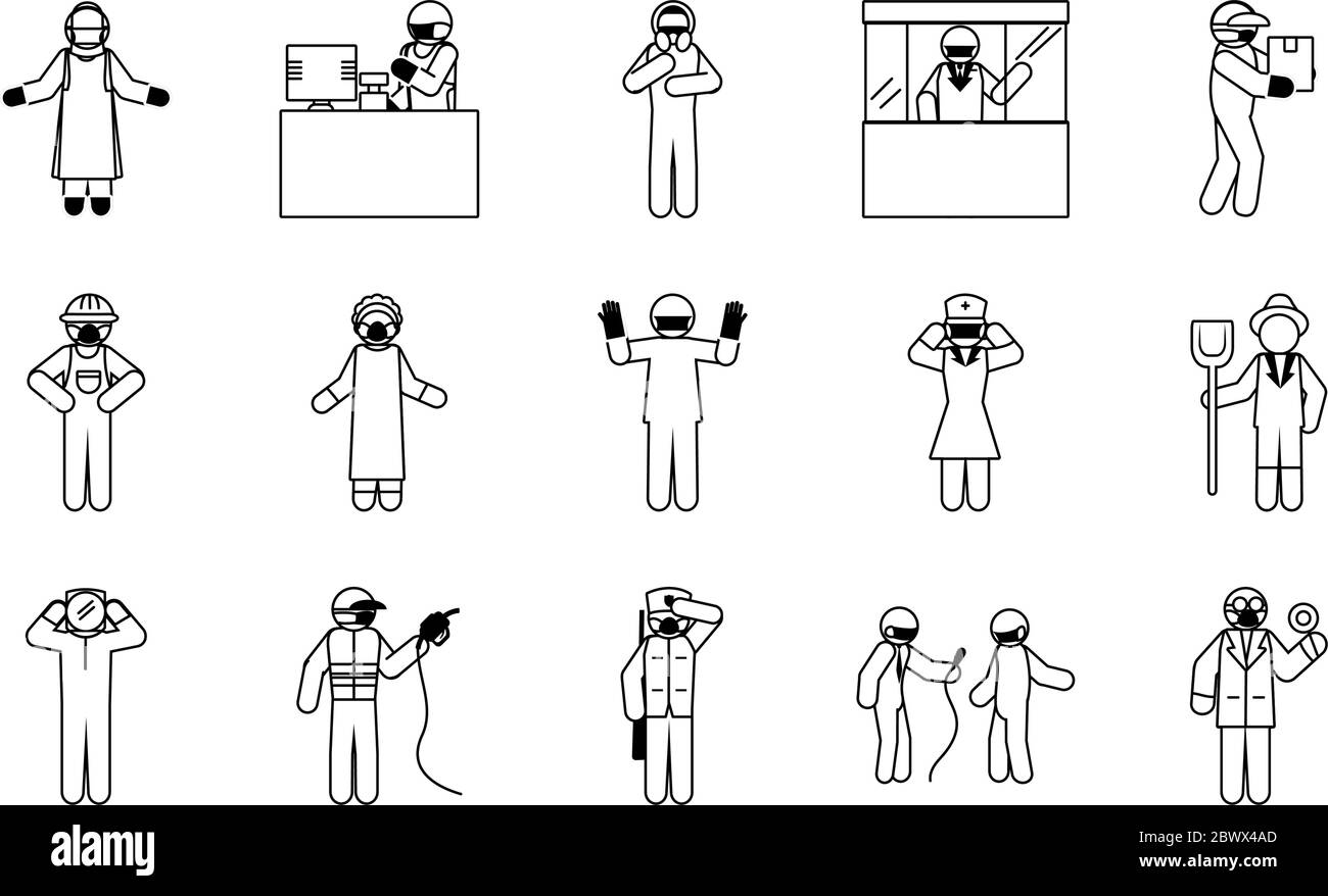 pictogram policeman and essential workers icon set over white ...