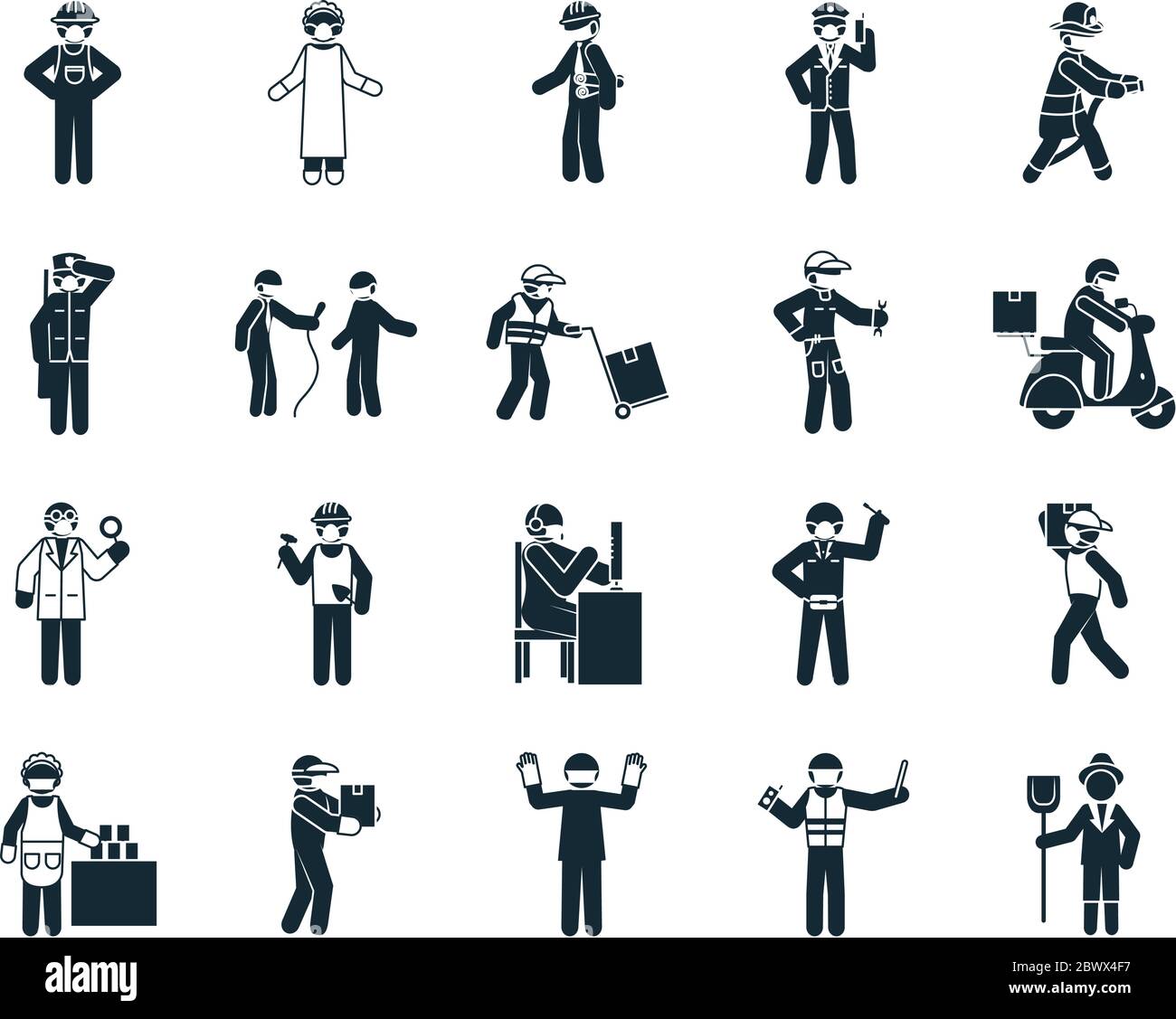 pictogram fireman and essential workers icon set over white background ...