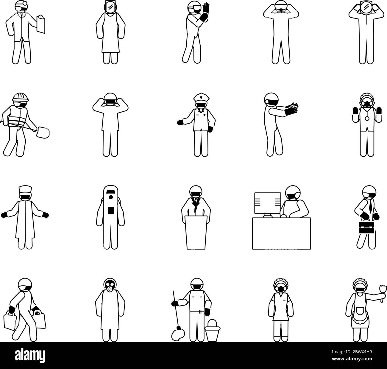 pictogram construction worker and essential workers icon set over white ...