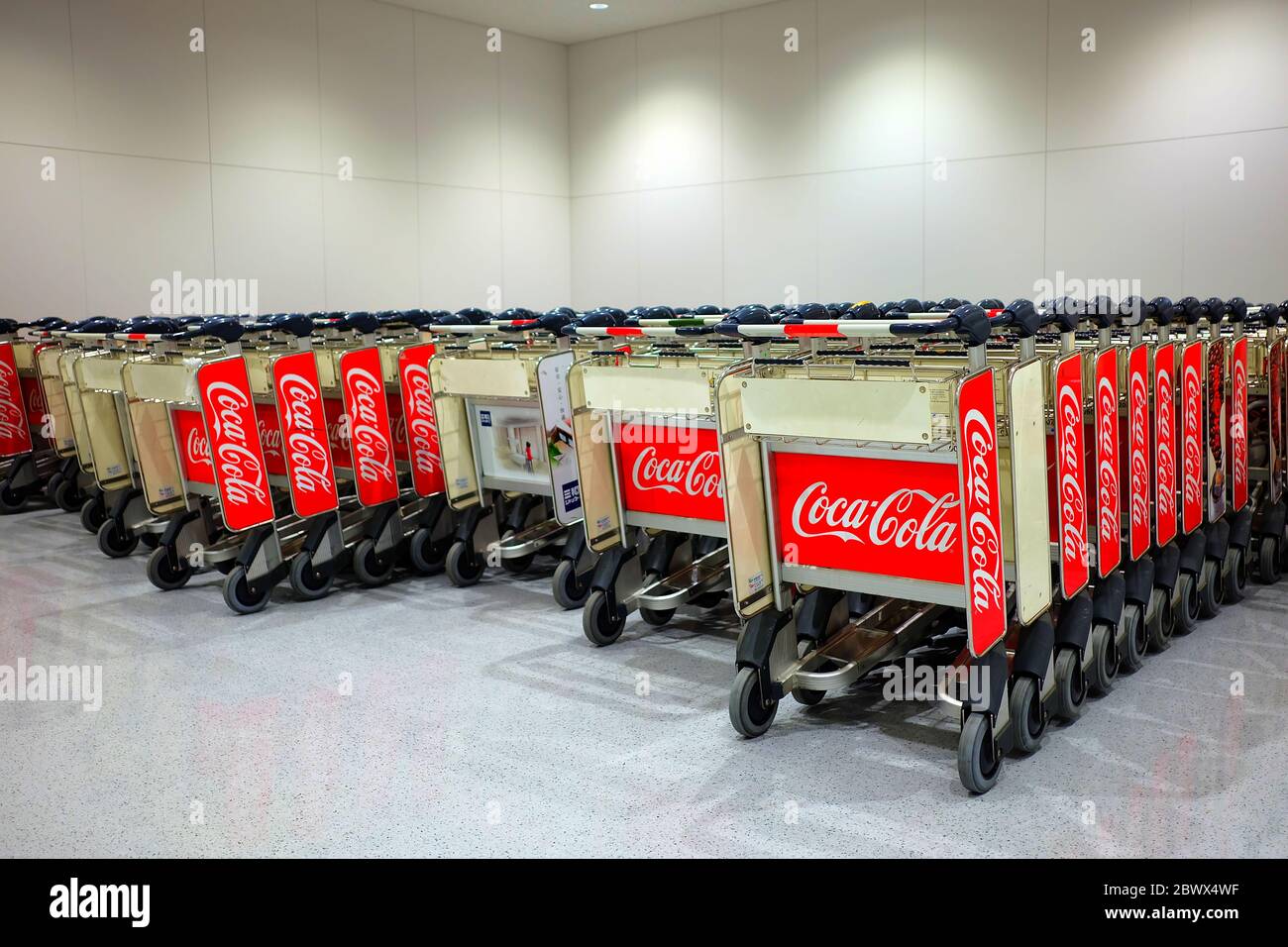 SAPPORO, JAPAN - NOVEMBER 09, 2019: Coca Cola Logo on Airport luggage ...
