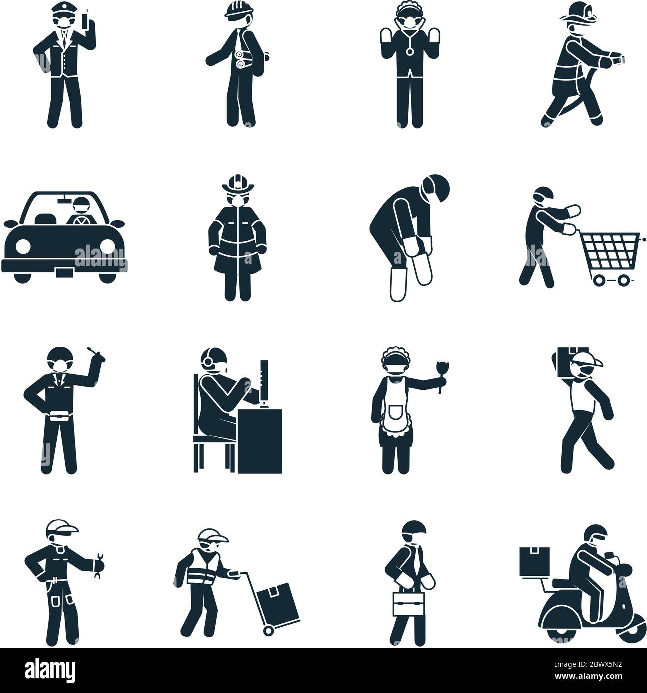 delivery man and essential workers icon set over white background ...